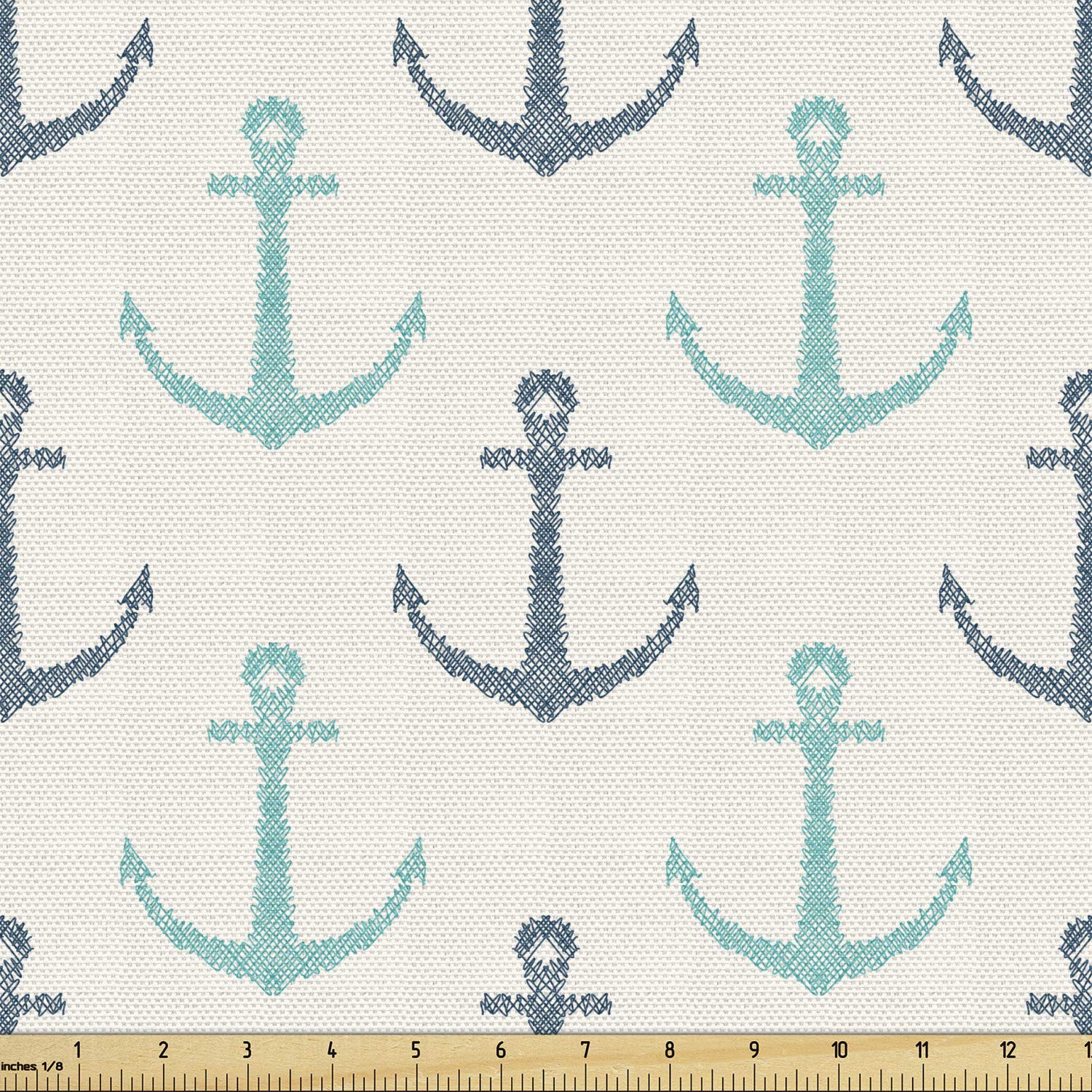 Lunarable Nautical Fabric by The Yard, Line Art Hand Drawn Anchors Minimalism Inspired Maritime Pale Toned Image, Decorative Fabric for Upholstery and Home Accents, 1 Yard, Blue Seafoam