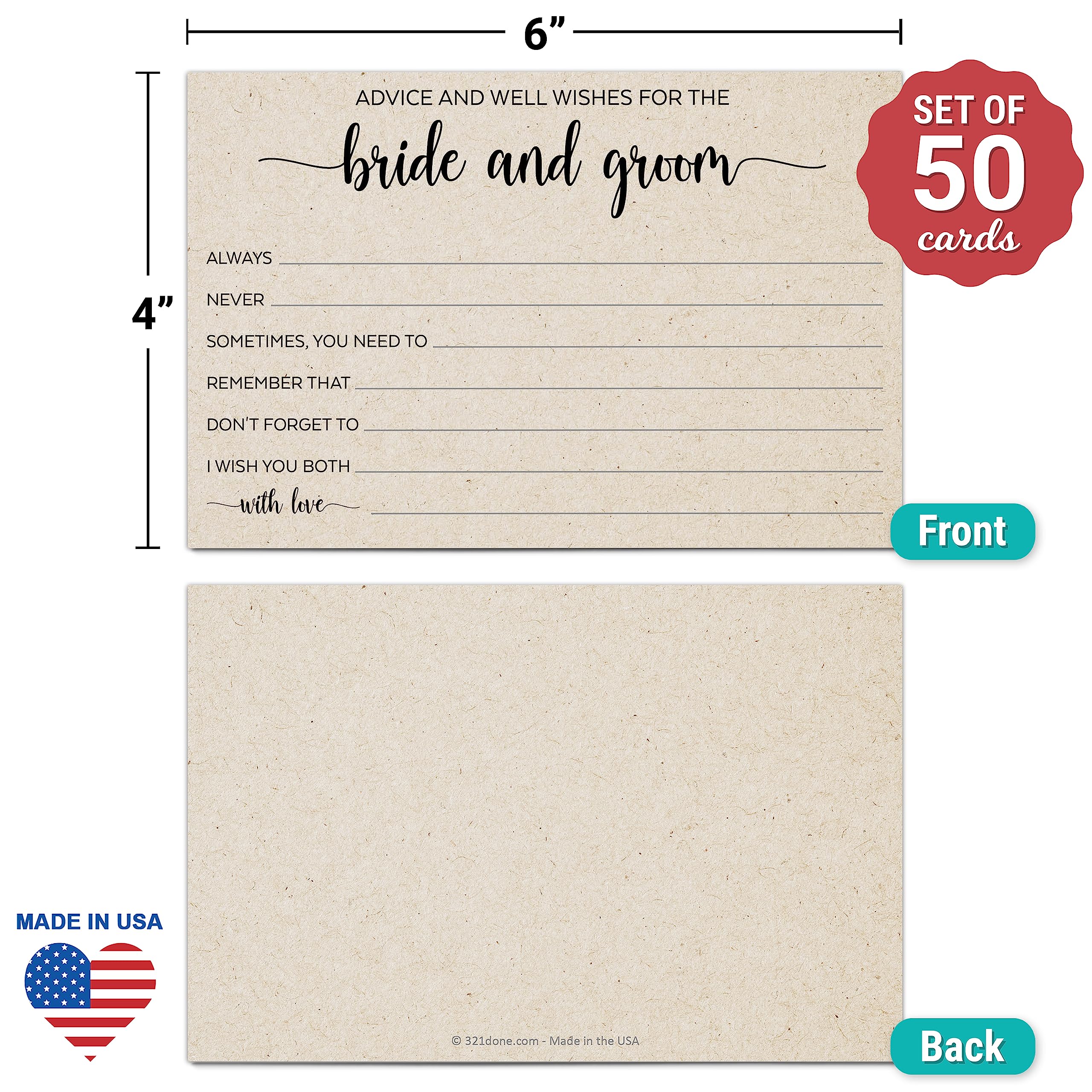 321Done Advice and Wishes for The Bride and Groom Cards (50 Cards) 4" x 6" for Wedding with Prompts Simple Elegant - Made in USA, Kraft Tan