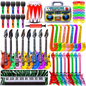 max fun inflatable rock star toy set, 48pcs inflatable party props for kids 80s 90s party decorations inflatable guitars inflate rock band assortment party favors (random color)