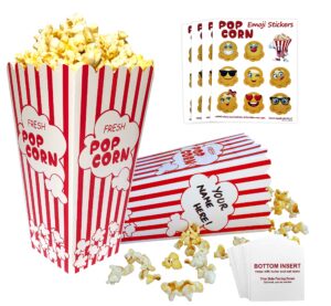 viziy 32 popcorn boxes red and white striped-retro vintage paper movie night design-theater container cup holder-carnival party decorations-bottom insert card helps prevent leaks bonus-emoji stickers