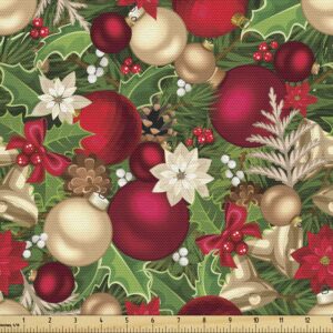 ambesonne christmas fabric by the yard, tree branches spruce leaves balls bells cones poinsettia flowers mistletoe berry, decorative fabric for upholstery and home accents, 1 yard, ruby green