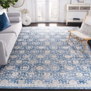 safavieh brentwood collection 11' x 15' navy / cream bnt896n floral distressed non-shedding living room bedroom dining home office area rug