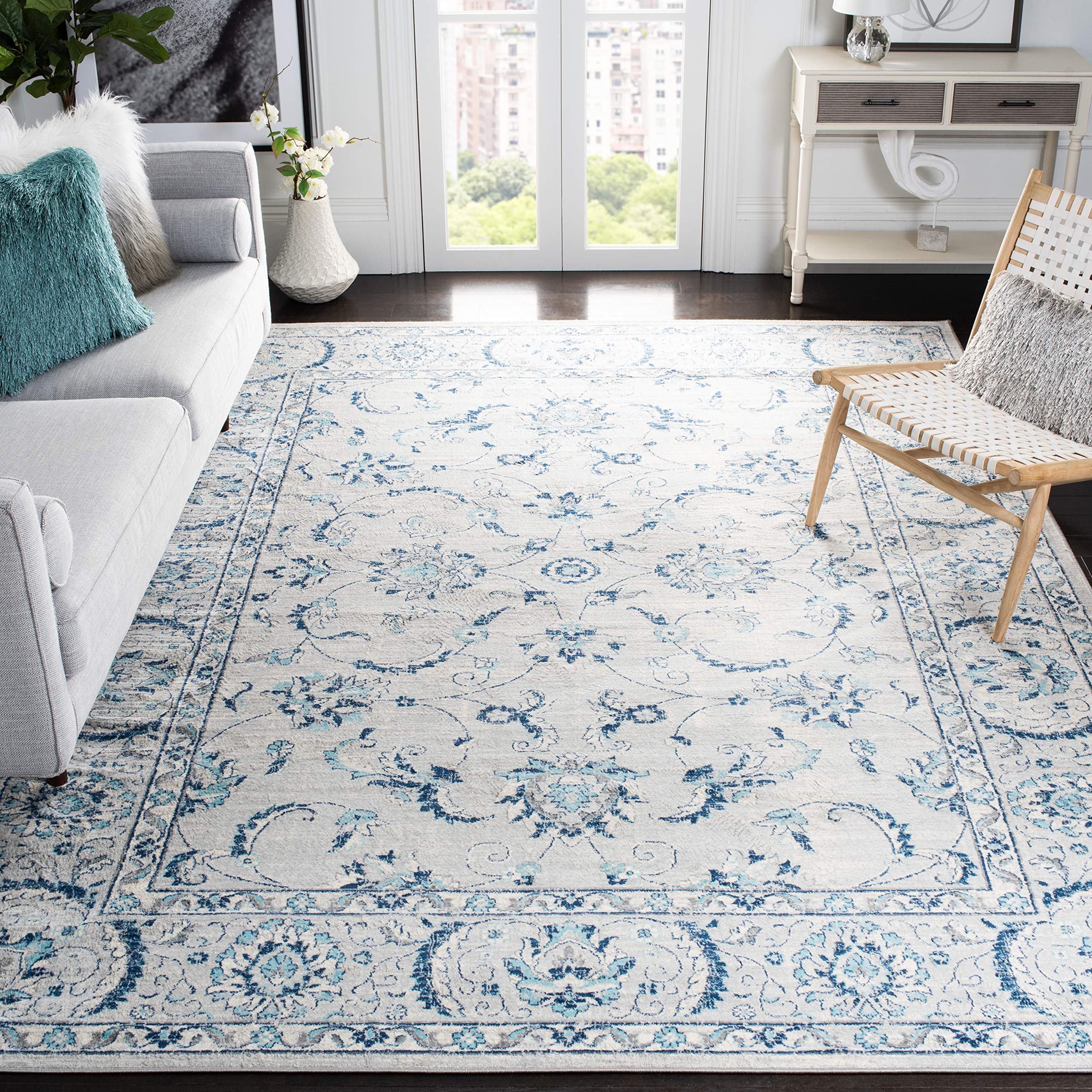 SAFAVIEH Brentwood Collection Area Rug - 8' x 10', Light Grey & Blue, Oriental Floral Scroll Design, Non-Shedding & Easy Care, Ideal for High Traffic Areas in Living Room, Bedroom (BNT854G)