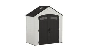 suncast vista 7' x 4' outdoor storage shed with pad-lockable double doors and illumivent system, all-weather shed for yard storage, brown