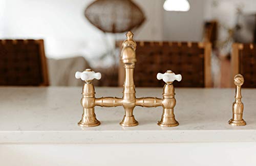 Kingston Brass KS7277PXBS English Country 8" Bridge Kitchen Faucet with Sprayer, Brushed Brass