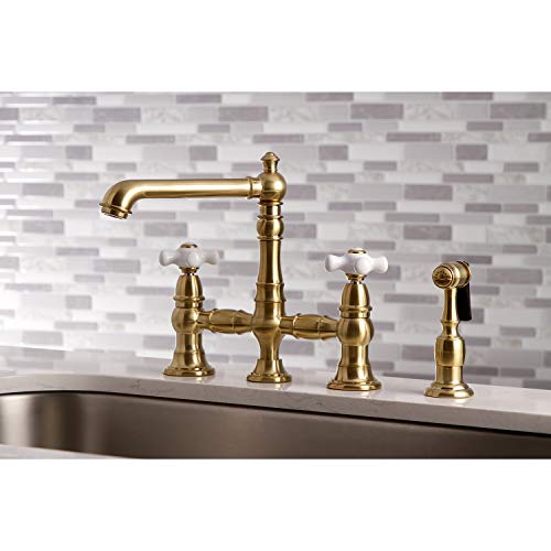 Kingston Brass KS7277PXBS English Country 8" Bridge Kitchen Faucet with Sprayer, Brushed Brass