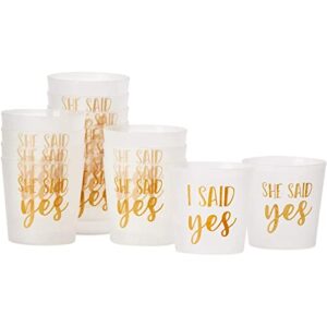 juvale plastic shot glasses - 15 pack – bachelorette party shot glasses, mini disposable plastic shot glasses, wedding party props, favors, frosted white with gold foil, holds 3.7oz