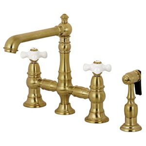 kingston brass ks7277pxbs english country 8" bridge kitchen faucet with sprayer, brushed brass