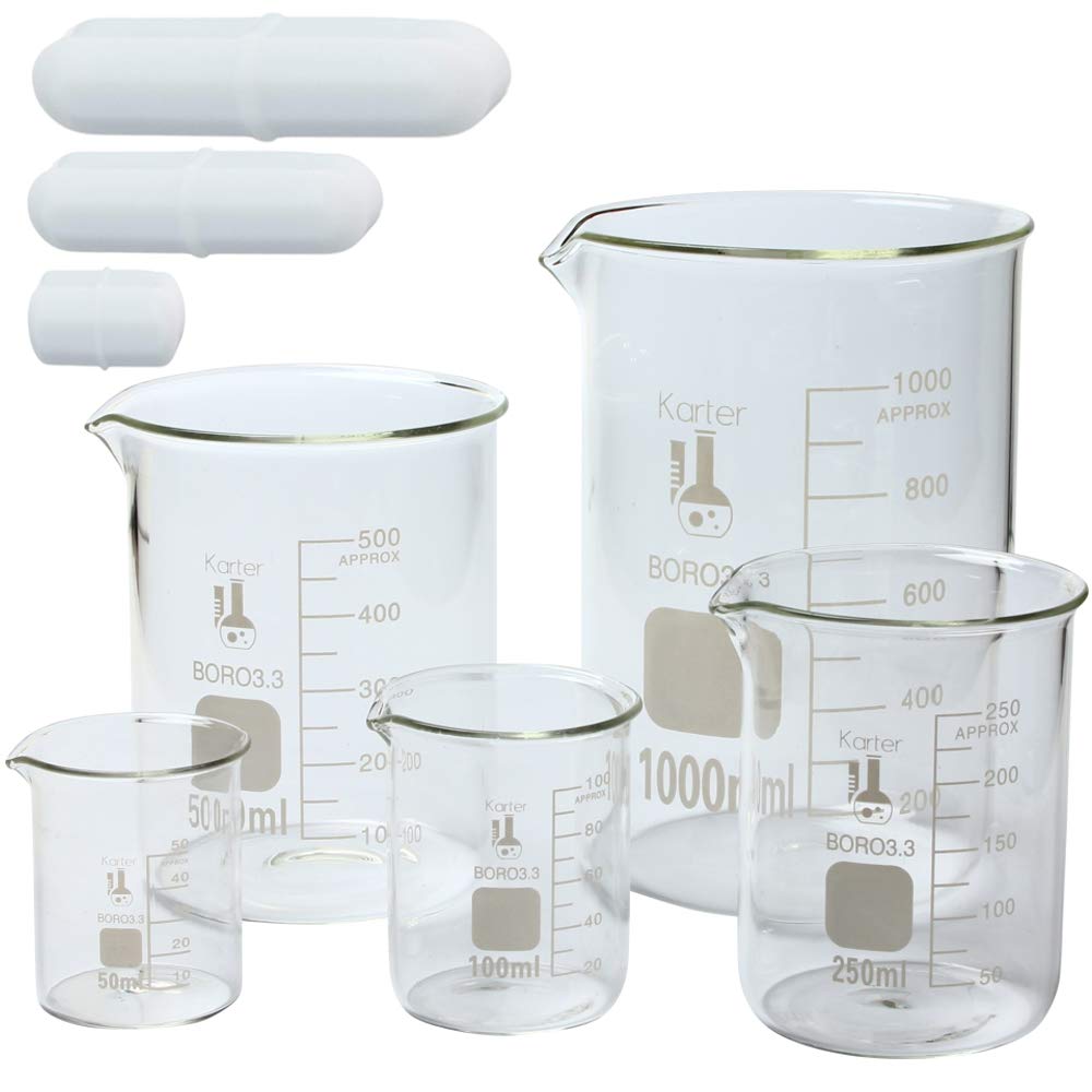 Glass Low Form Beaker Set with Magnetic Stir Bar Set, 5 Sizes - 50, 100, 250, 500, and 1L, 3.3 Borosilicate Glass, Karter Scientific 213A7