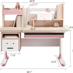 FCD Wood Adjustable Height Kids Study Desk with Chair, Reading Homework Drawing Table Computer Station Built-in Bookshelf Hutch, Tablet Holder, Tiltable Desktop and Storage Drawer (Pink, Wood of Fir)