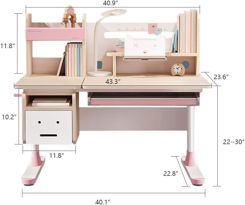 FCD Wood Adjustable Height Kids Study Desk with Chair, Reading Homework Drawing Table Computer Station Built-in Bookshelf Hutch, Tablet Holder, Tiltable Desktop and Storage Drawer (Pink, Wood of Fir)