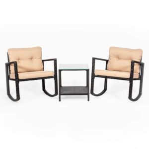 barton 3 pieces rocking chair set w/glass table black outdoor patio furniture wicker rattan modern conversation chat seating