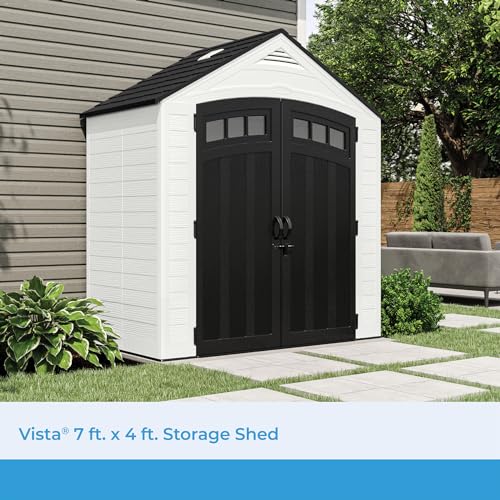 Suncast Vista 7' x 4' Outdoor Storage Shed with Pad-Lockable Double Doors and IllumiVent System, All-Weather Shed for Yard Storage, Brown