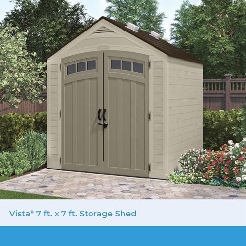 Suncast Vista 7x7 Storage Shed with Multi-Wall Resin Panels, 4 Skylights, IllumiVent System, and Pad-Lockable Doors, 84" D x 84" W x 98" H