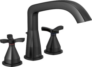 delta faucet stryke roman tub faucet - t27766-bl - sleek bathtub handles & faucet - modern bathroom fixtures - matte black, spoke handles (valve sold separately)