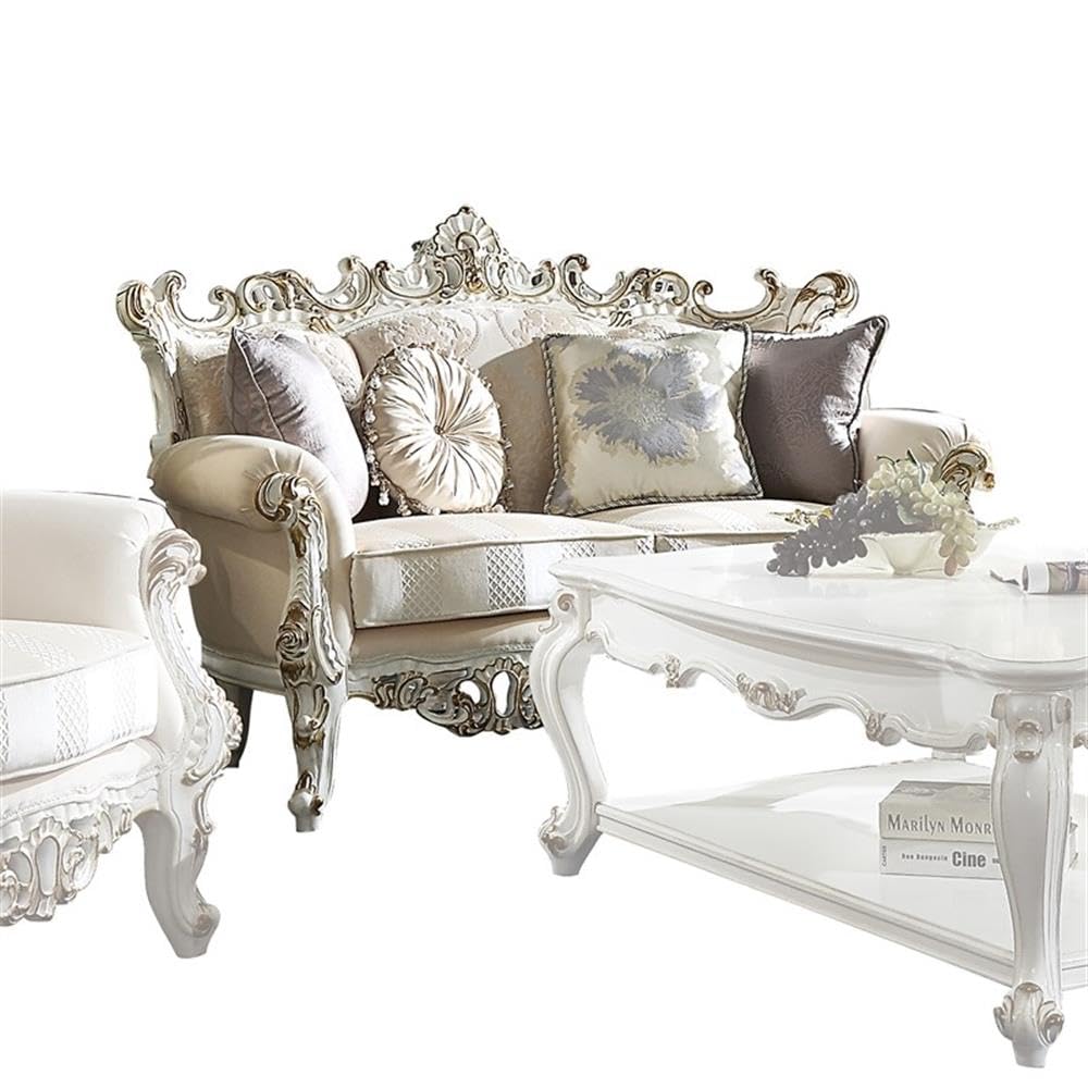 Acme Picardy II Loveseat with 4 Pillows in Fabric and Antique Pearl