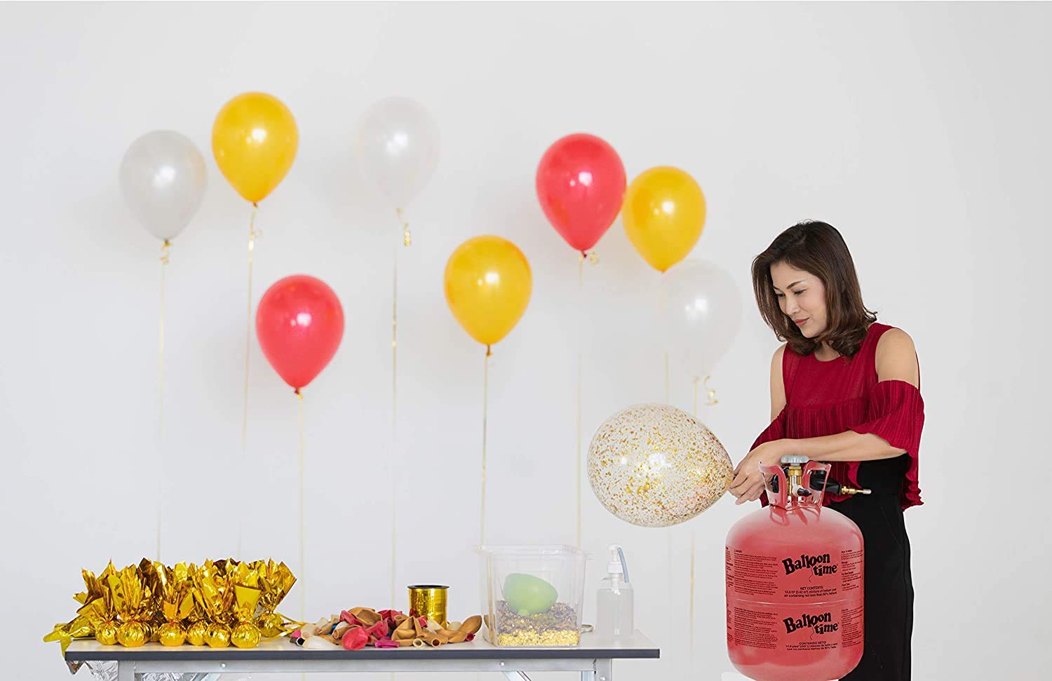 Balloon Time Disposable Helium Tank 14.9 cu.ft - 12 Silver Balloon Weights + Curling Ribbon and Flower Clips