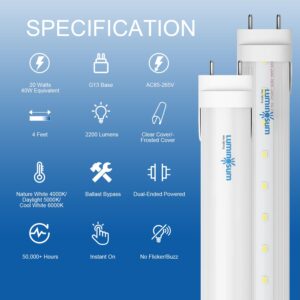 LUMINOSUM T8/T10/T12 4 Foot LED Light Tube 20W 48 inch, 40W Equivalent, Natural White 4000K, Frosted Cover, Dual-end Powered, Ballast Bypass Retrofit, ETL Listed, 10-Pack