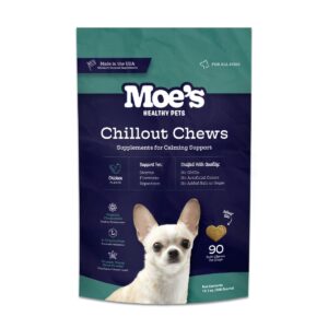 moe’s hemp calming chews for dogs - helps aid with storms, fireworks, chewing, barking, travel, stress, anxiety & separation anxiety - tryptophan + chamomile - made in the usa - (chicken)