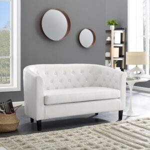 emma love seat, button tufted faux leather barrel loveseat, midcentury modern 2 seater sofa couch, small loveseat for small spaces, bedrooms, couches for living room, easy tool-free assembly - white