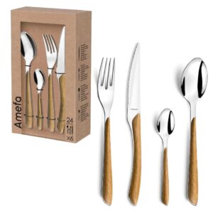 amefa eclat nature wood pattern handle 18/0 flatware set - brown - 24 piece place setting - service for 6 -fork knife spoons (2) - amefa wooden cutlery set - flatware set - silverware set