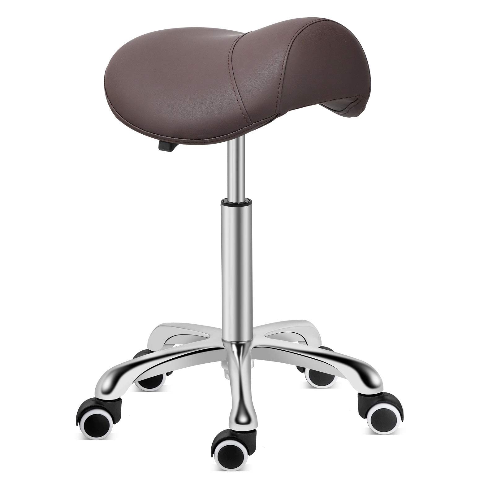 Kaleurrier Saddle Stool Rolling Swivel Height Adjustable with Wheels,Heavy Duty Stool,Ergonomic Stool Chair for Lab,Clinic,Dentist,Salon,Massage,Office and Home Kitchen (Coffee, Without Back)