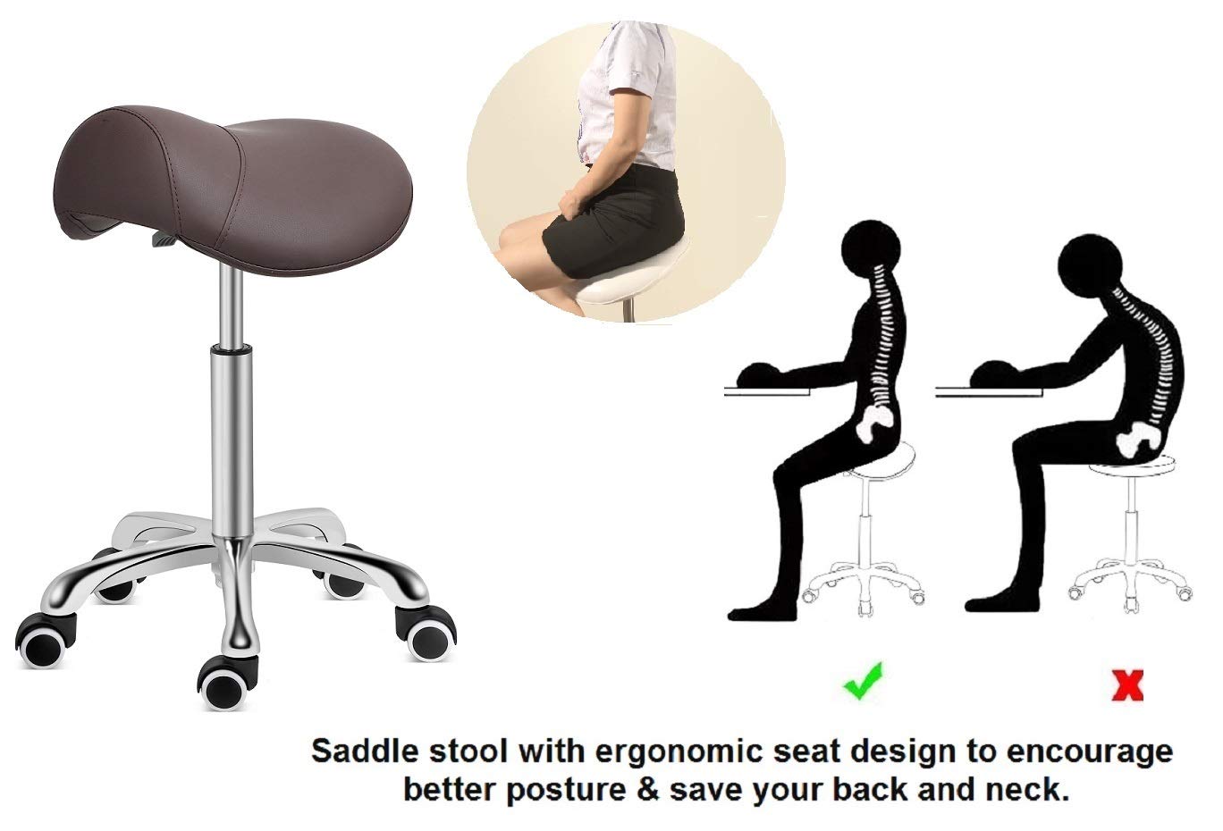 Kaleurrier Saddle Stool Rolling Swivel Height Adjustable with Wheels,Heavy Duty Stool,Ergonomic Stool Chair for Lab,Clinic,Dentist,Salon,Massage,Office and Home Kitchen (Coffee, Without Back)