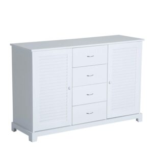 white free standing storage cabinet 2 doors 4 drawers ample storage display space ideal for bathroom living area use perfect for storing shampoo towels other bathroom accessories or daily items