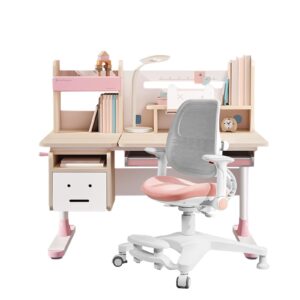 fcd wood adjustable height kids study desk with chair, reading homework drawing table computer station built-in bookshelf hutch, tablet holder, tiltable desktop and storage drawer (pink, wood of fir)