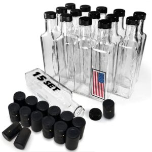 quadra bottles 8.5 oz 15 sets of premium commercial grade glass square bottle leak proof airtight plastic screw cap lids shrink capsule - european marasca 8.5 oz bottle (black 15sets 8.5oz 250ml)