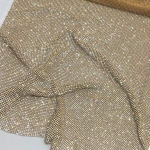 Creativesugar Craft Material Metal Sequin Mesh Fabric Cuttable for Clothing Bag Making Party Shoes Decorations (Gold Rhinestones)