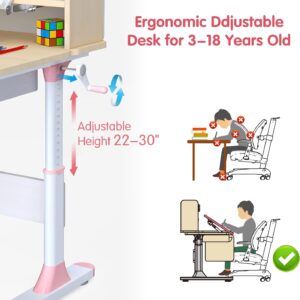 FCD Wood Adjustable Height Kids Study Desk with Chair, Reading Homework Drawing Table Computer Station Built-in Bookshelf Hutch, Tablet Holder, Tiltable Desktop and Storage Drawer (Pink, Wood of Fir)