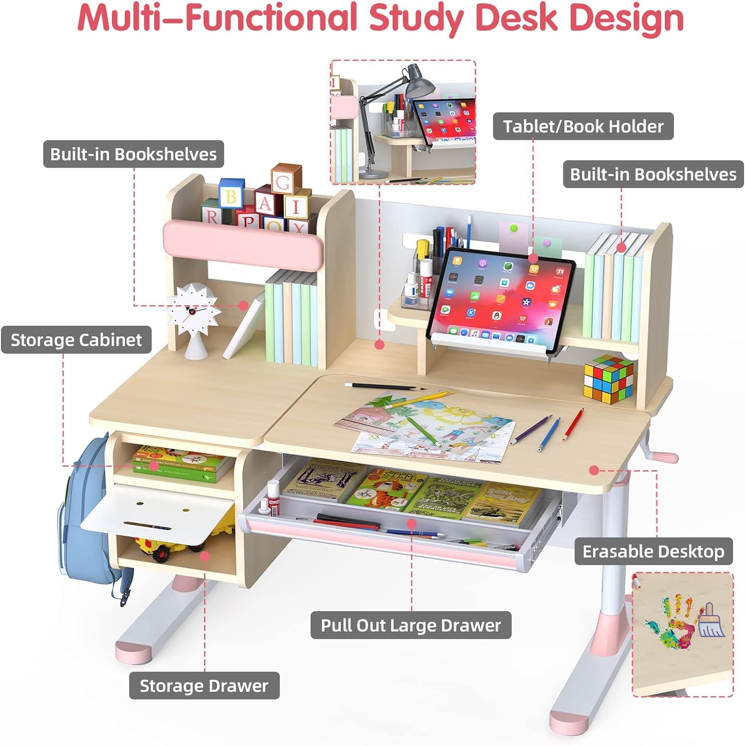 FCD Wood Adjustable Height Kids Study Desk with Chair, Reading Homework Drawing Table Computer Station Built-in Bookshelf Hutch, Tablet Holder, Tiltable Desktop and Storage Drawer (Pink, Wood of Fir)