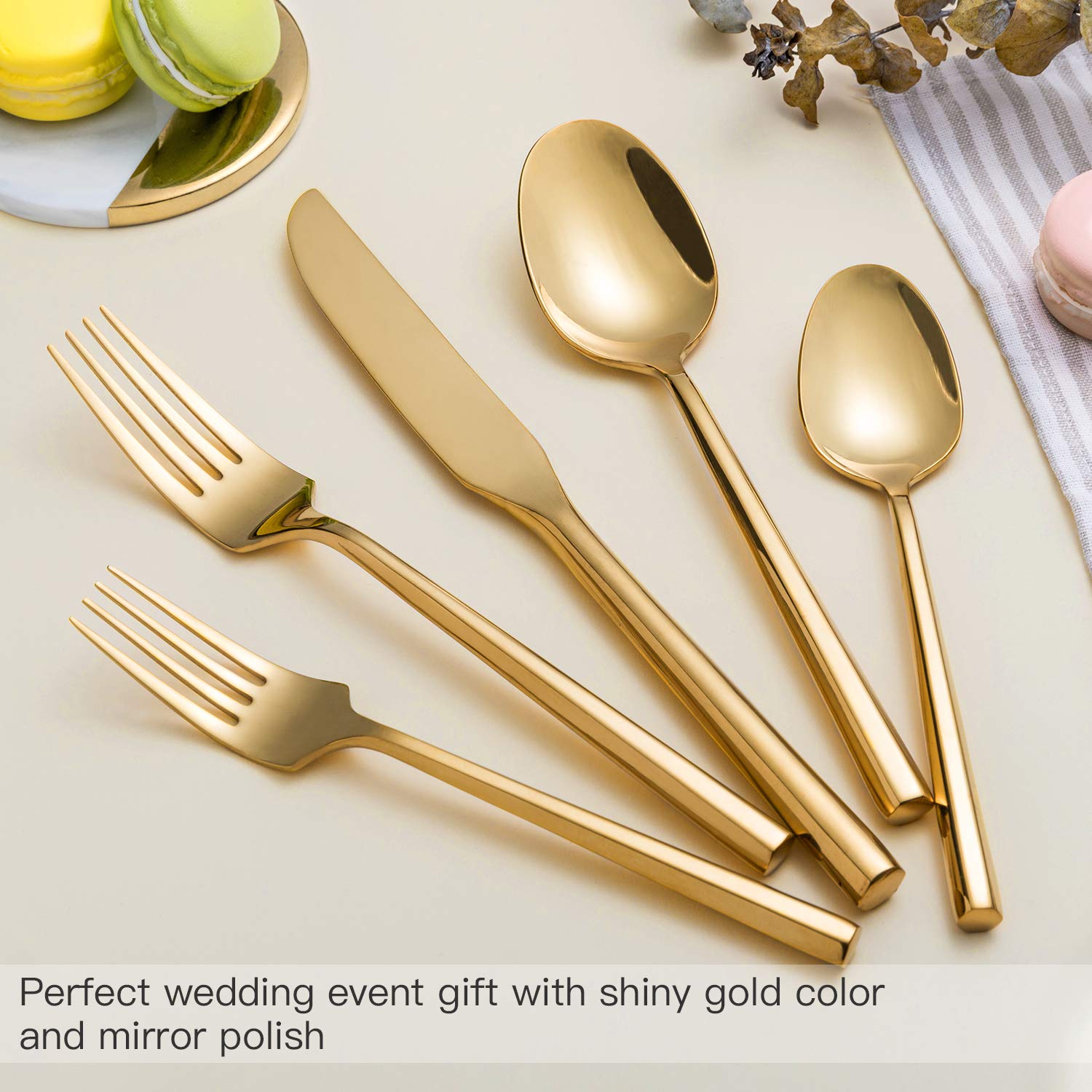 Kelenfer Silverware Set Flatware Set Shiny Gold Cutlery Set with Hexagon Handle Forged Stainless Steel Heavy 20 Pieces For Home Hotel Use Service for 4