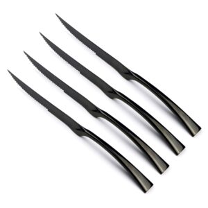 jankng 4-pieces 18/10 stainless steel serrated sharp steak knife set, mirror polishing black