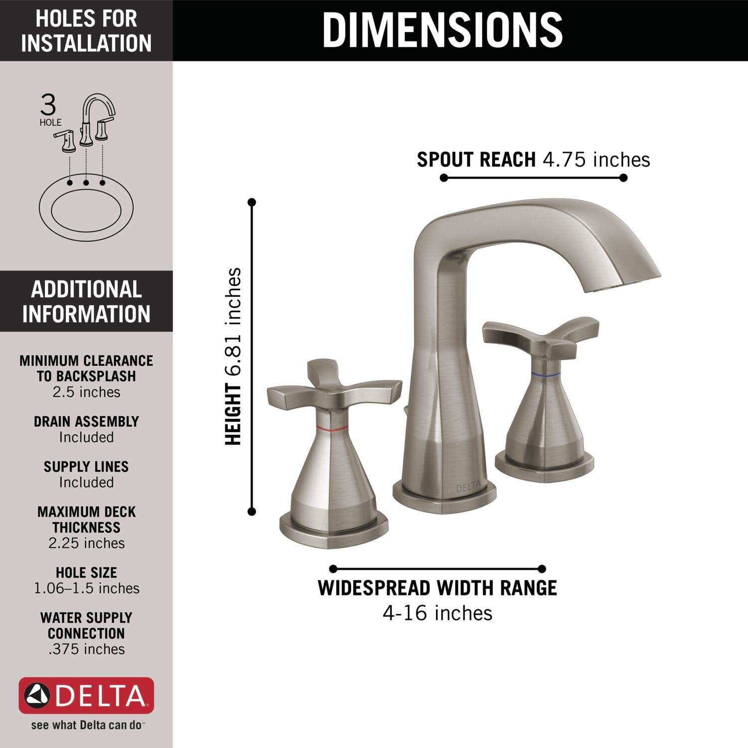 Delta Faucet Stryke Widespread Bathroom Faucet Brushed Nickel, Bathroom Faucet 3 Hole with Cross Handles, Diamond Seal Technology, Metal Drain Assembly, Stainless 357766-SSMPU-DST