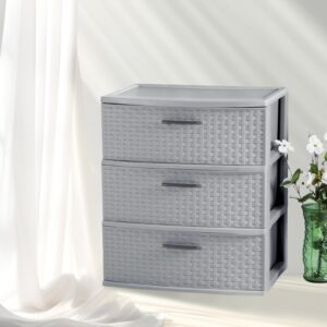 XNDLRZXB 3 Drawer Wide Weave Tower Plastic, Closet, Entryway, Hallway, Nursery Room, Storage bins, Organizer Unit for Bedroom, Cement - Design Storage Tower with pull handles