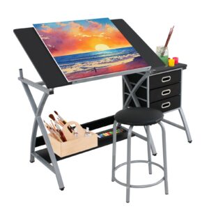 jupiterforce drafting table with tiltable tabletop and stool, 3 storage drawers, art desks for adults, painters, work station, home office, black