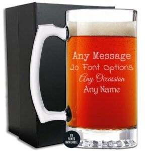 personalized etched custom message 25oz glass beer mug, your text here, customized engraved groomsmen gifts, custom beer gifts for men, birthday gifts for him, regalos personalizados para hombre