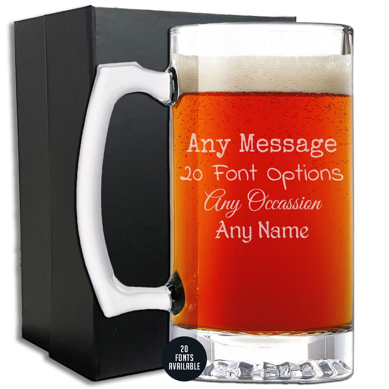 Personalized Etched Custom Message 25oz Glass Beer Mug, Your Text Here, Customized Engraved Groomsmen Gifts, Custom Beer Gifts for Men, Birthday Gifts for Him, Regalos Personalizados para Hombre