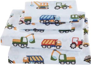 fancy linen construction excavators dumping trucks tractors light blue red yellow dark blue sheet set for boys/teens bedroom new (twin)