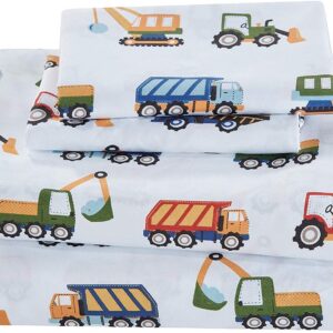 Fancy Linen Construction Excavators Dumping Trucks Tractors Light Blue Red Yellow Dark Blue Sheet Set for Boys/Teens Bedroom New (Twin)