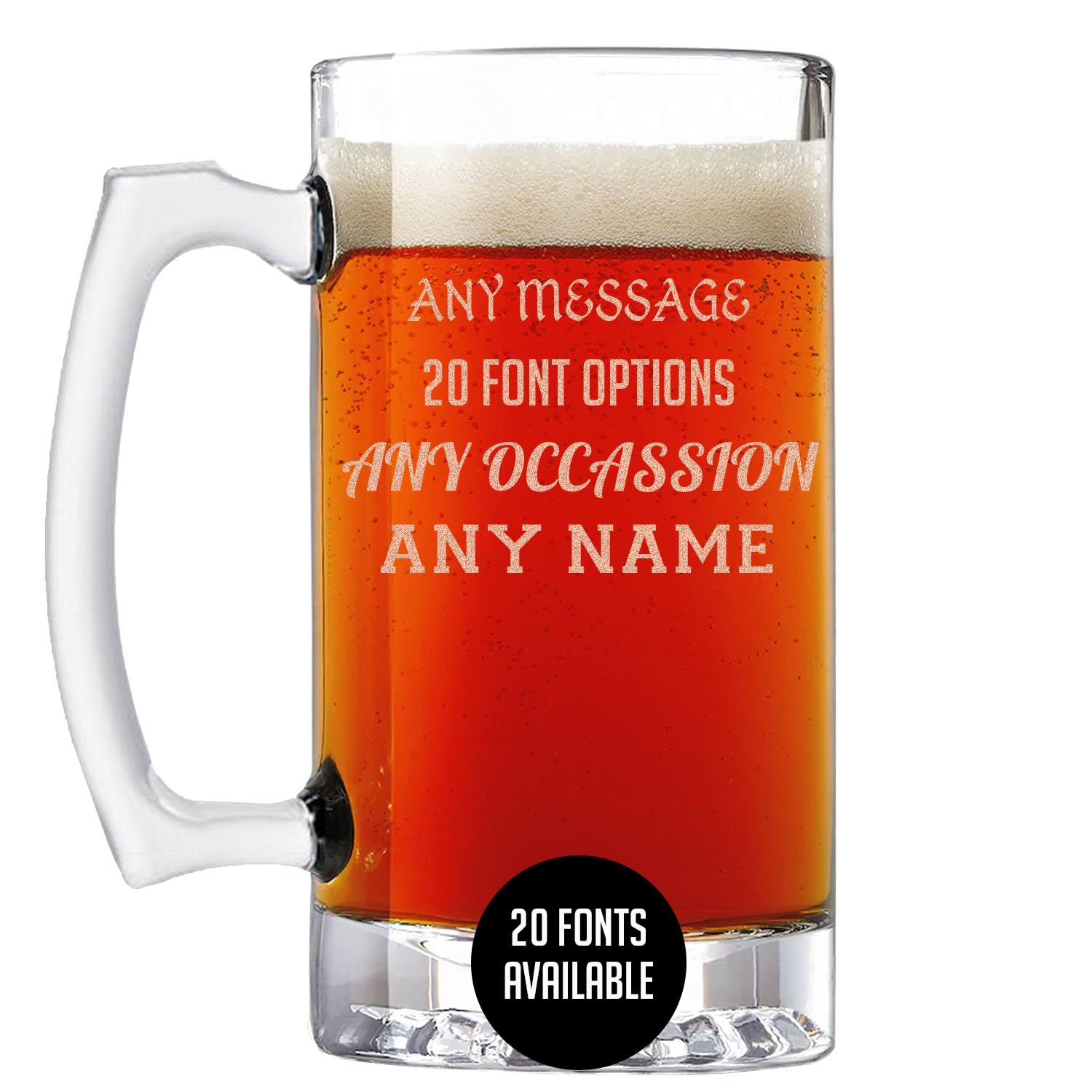 Personalized Etched Custom Message 25oz Glass Beer Mug, Your Text Here, Customized Engraved Groomsmen Gifts, Custom Beer Gifts for Men, Birthday Gifts for Him, Regalos Personalizados para Hombre