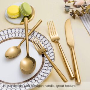 Kelenfer Silverware Set Flatware Set Shiny Gold Cutlery Set with Hexagon Handle Forged Stainless Steel Heavy 20 Pieces For Home Hotel Use Service for 4