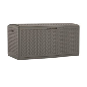 suncast 124 gallon wicker horizontal outdoor deck box with hinged lid, water-resistant storage solution for patio, deck, yard, and garage, stoney