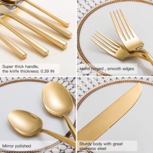 Kelenfer Silverware Set Flatware Set Shiny Gold Cutlery Set with Hexagon Handle Forged Stainless Steel Heavy 20 Pieces For Home Hotel Use Service for 4