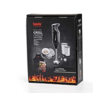 bamix Grill n Chill Immersion Hand Blender – 4 Stainless Steel Interchangeable Blades –400ml & 600 ml Beakers, Processor Attachment, Table Stand, Recipe Book, and Apron – 200 Watt with 2 Speeds