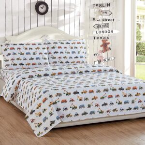 Fancy Linen Construction Excavators Dumping Trucks Tractors Light Blue Red Yellow Dark Blue Sheet Set for Boys/Teens Bedroom New (Twin)