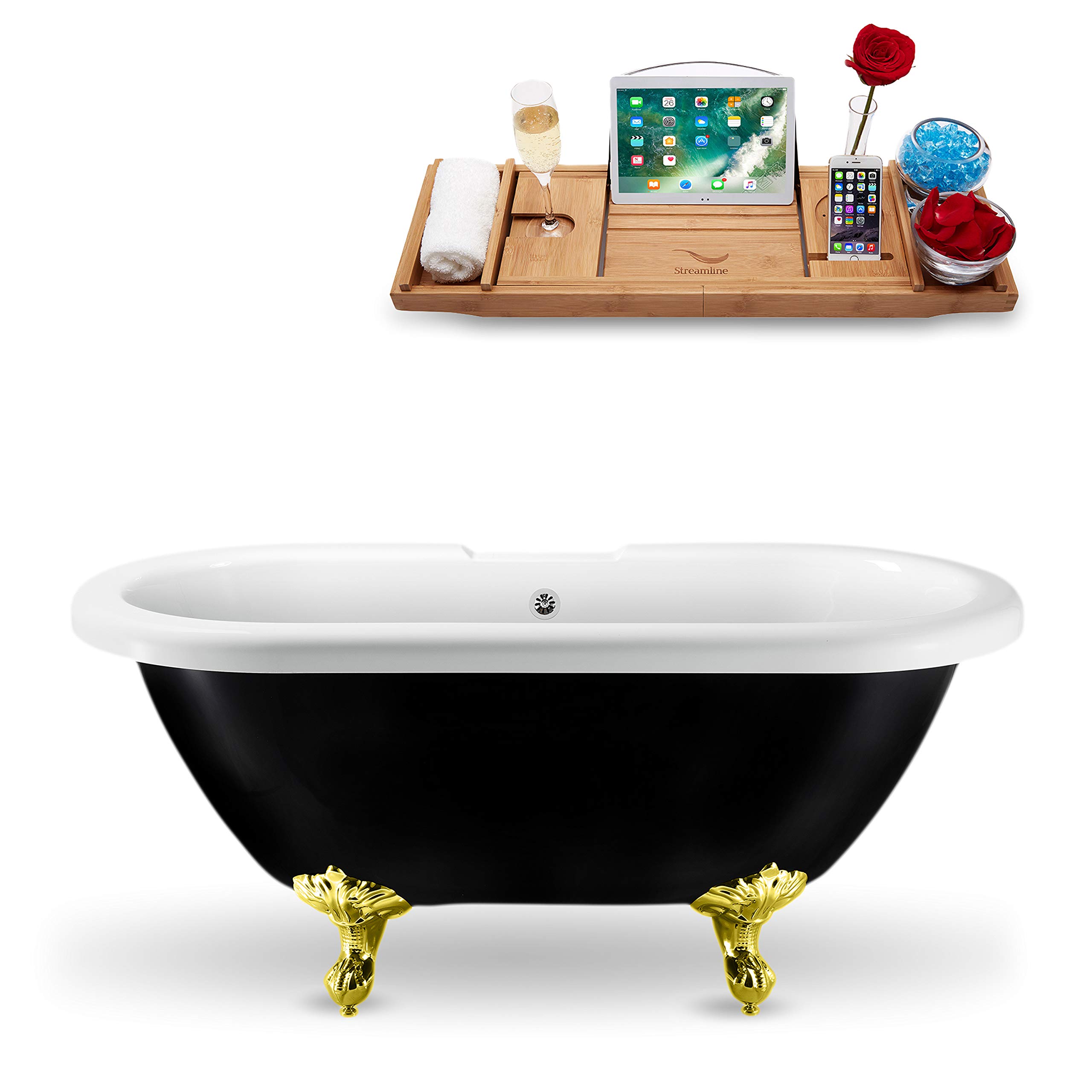 Streamline | Clawfoot 59" N1120GLD-CH Acrylic Bathtub, Black | Comes with External Drain And Chrome Overflow | Bamboo Tray Included