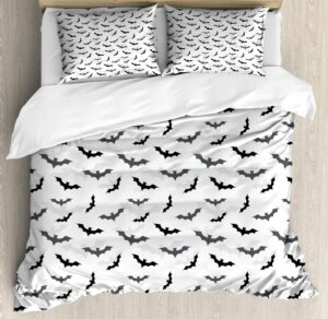 lunarable goth duvet cover set, halloween concept silhouette of flying bats and shadows pattern, decorative 3 piece bedding set with 2 pillow shams, king size, white grey